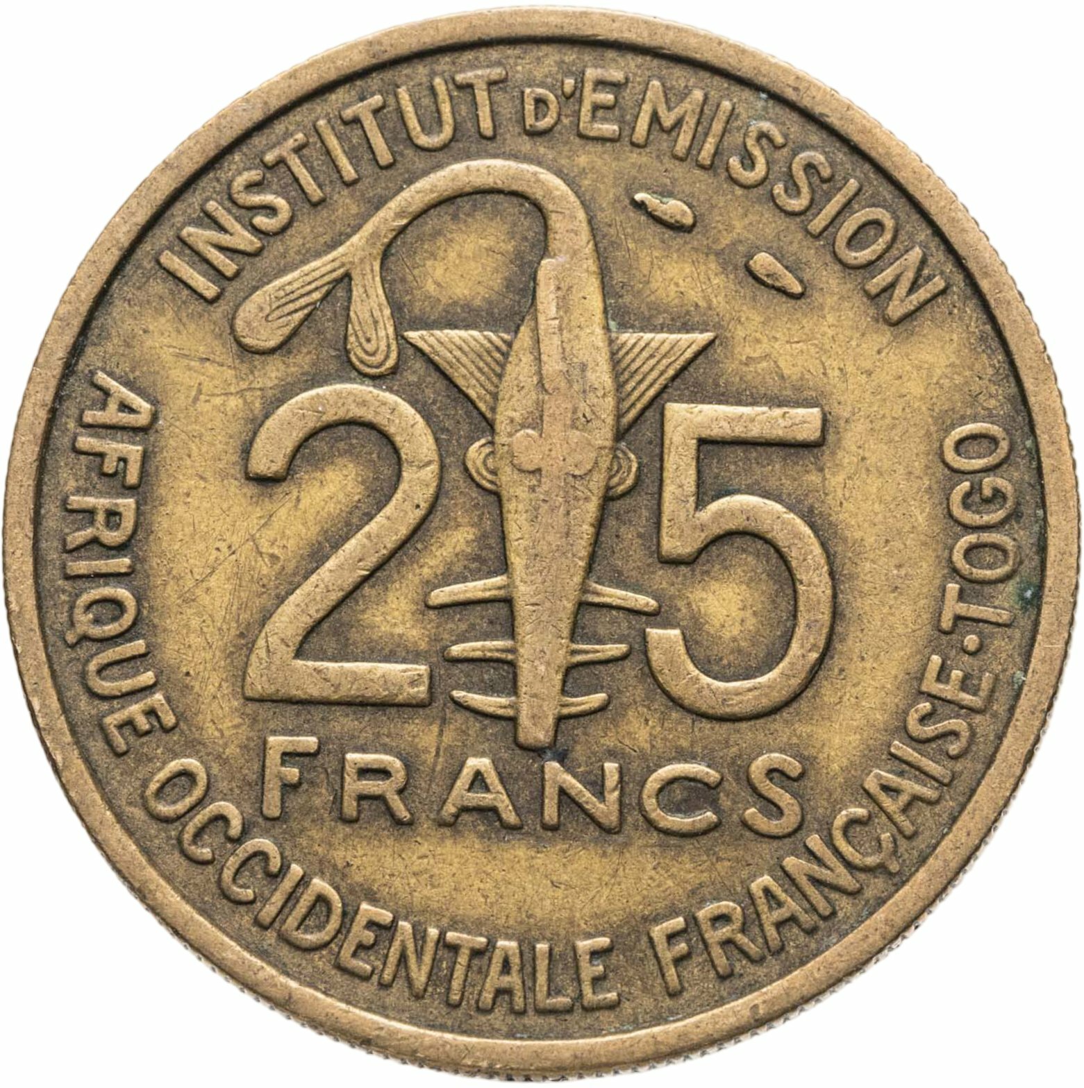 Французская Западная Африка и Того 25 франков francs 1957, Бронза, в сохранности VF