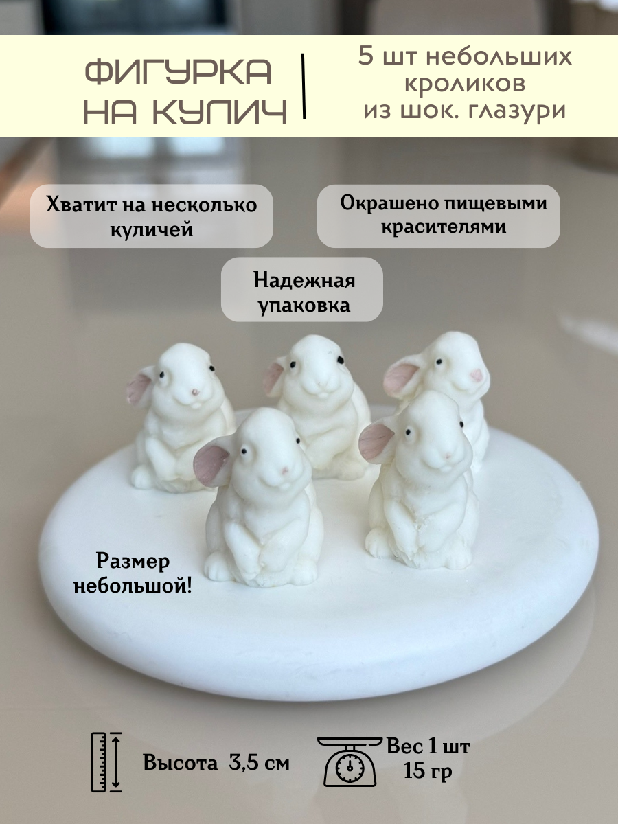 Фигурка из шоколадной глазури. Пасхальные кролики. Набор 5 шт. Украшение для пасхальных куличей.
