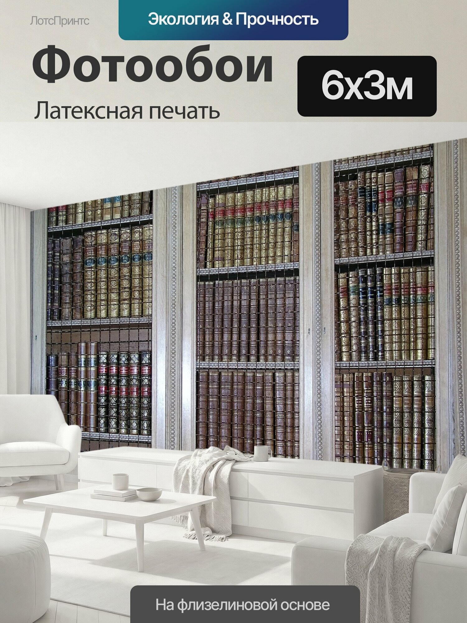 Фотообои моющиеся ударопрочные "Книги, библиотека, полки" 600x300 см. латексная печать