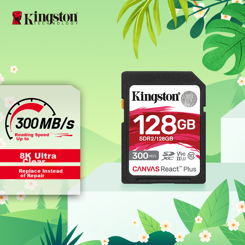 Kingston 128GB U3 V90 8K SD-карта для видеосъемки Высокоскоростная 300 МБ/с чтение 260 МБ/с запись Версия：128