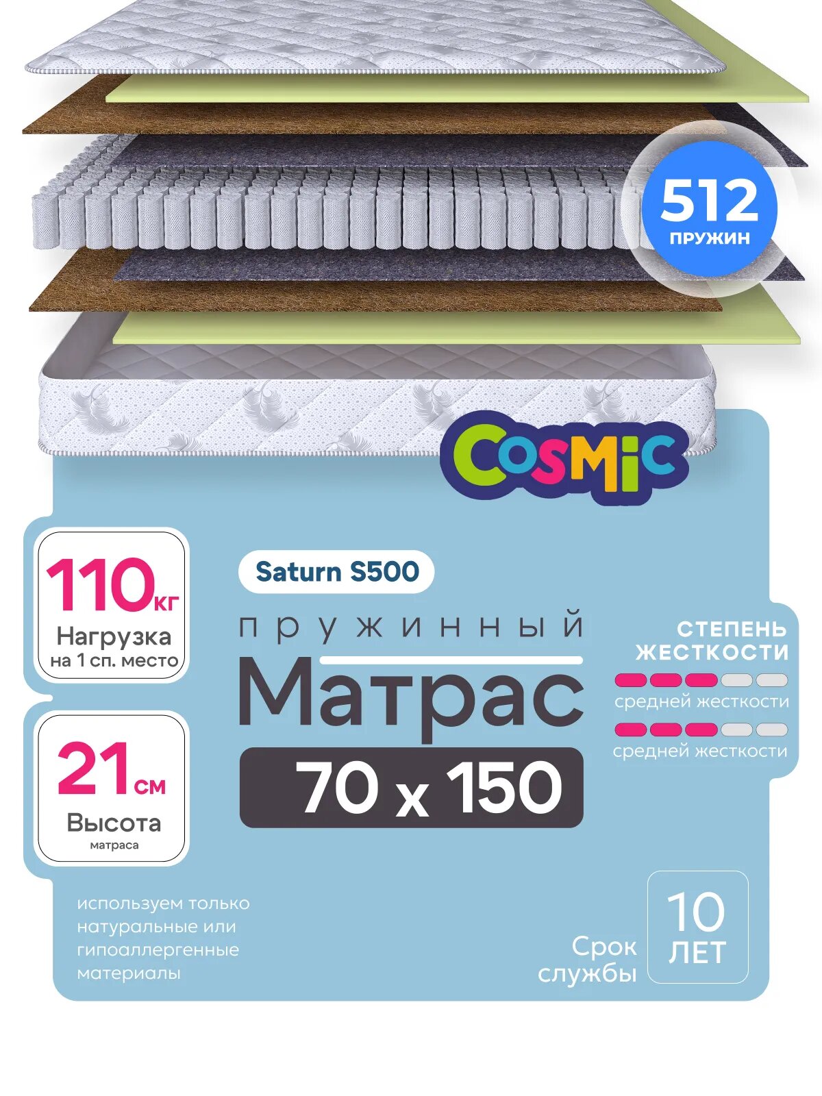 Матрас Cosmic Saturn 70x150 см, пружинный, средней жесткости, высота 22 см, анатомическая поддержка