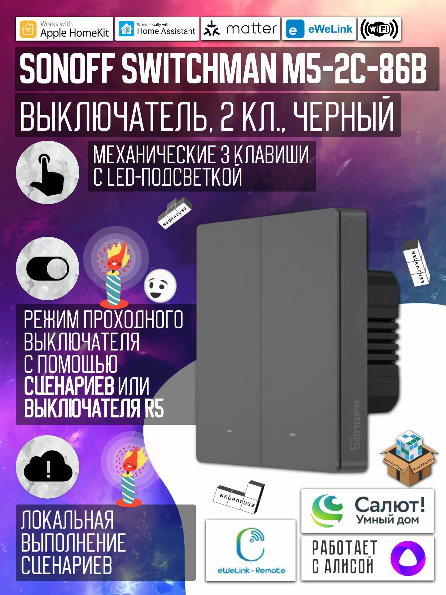 Умный WiFi (Matter) выключатель Sonoff M5-2C-86M Черный (Работает с Яндекс Алисой)