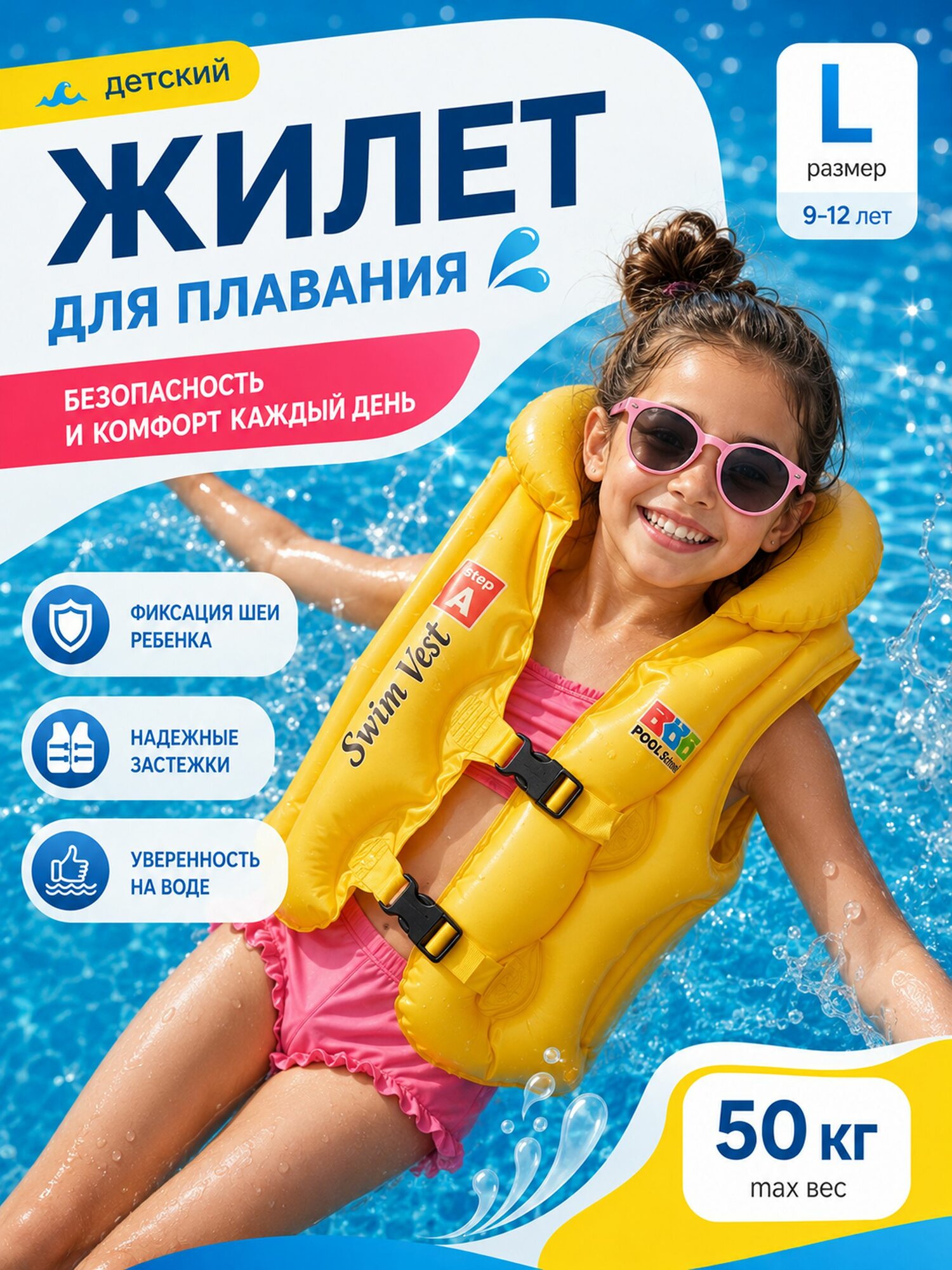 Жилет для плавания детский Ж01 спасательный надувной, размер L (А), 9-12 лет, желтый
