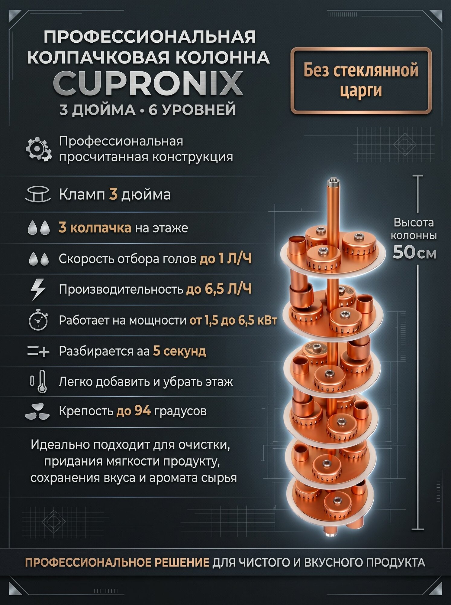 Колпачковая тарельчатая колонна, флейта медная 3 дюйма 6 этажей