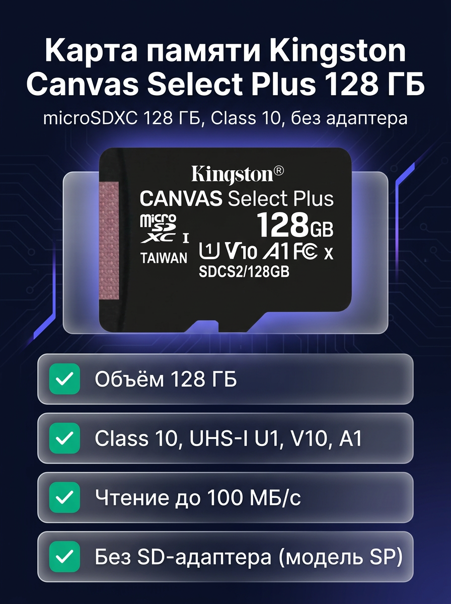 Карта памяти microSDXC Kingston SDCS2/128GBSP, 128 ГБ, скорость чтения до 100 МБ/с, класс 10