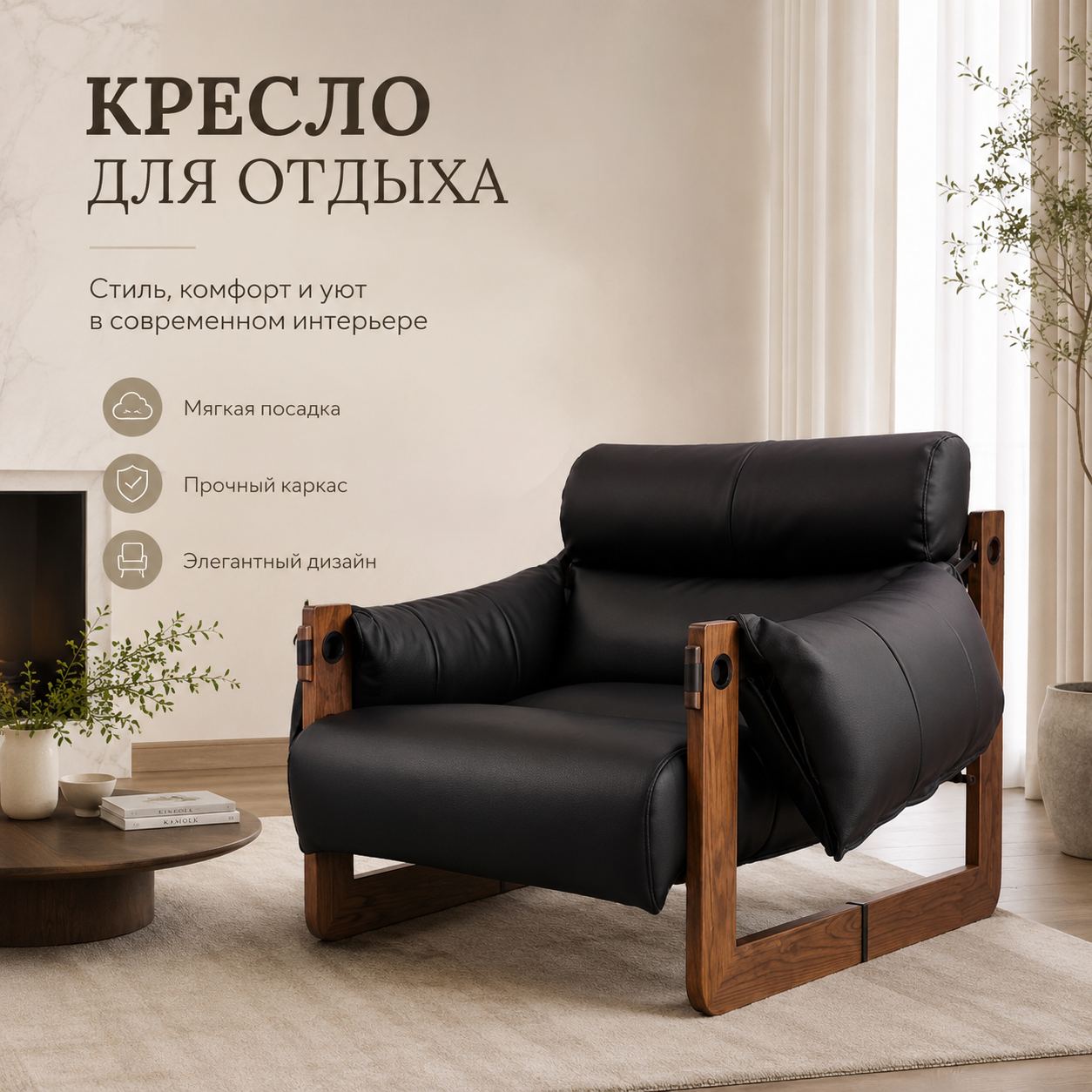 PUREU Козетка, механизм Реклайнер, 70х90х70 см, черный，Массивная древесина