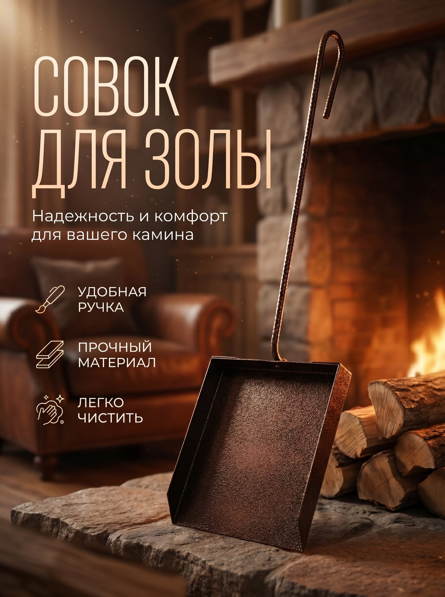 Совок для золы, с ручкой, 65 см, 13,5x17 см, металлический, чёрный, коричневый