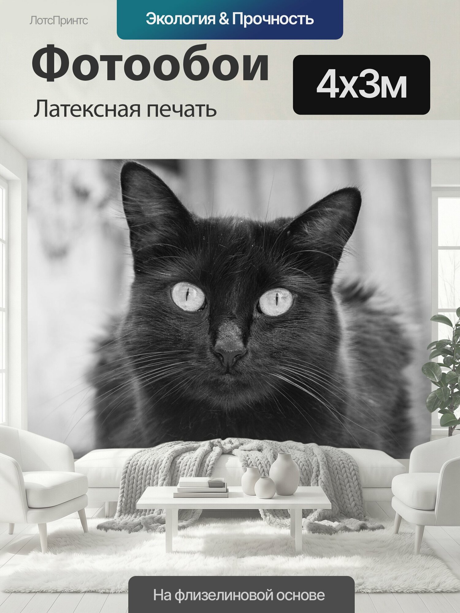 Фотообои моющиеся ударопрочные "Гато, кошка, ан" 400x300 см. латексная печать