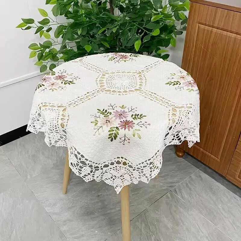 Винтажная вышитая хлопковая скатерть yoohxin 85 см, Square 85cm, Белый