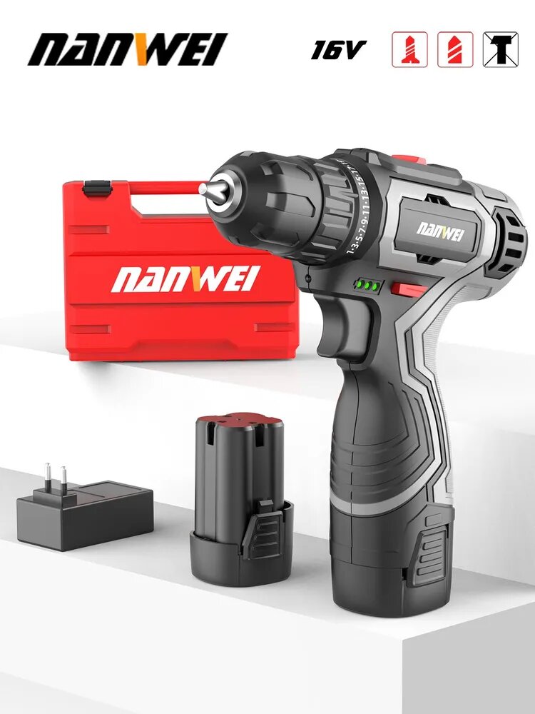NANWEI DB5162 с щетками 25 Нм 10 мм Электрический шуруповерт 16 В с двумя скоростями, 1450 об/мин (2,0 Ач батареи x2)