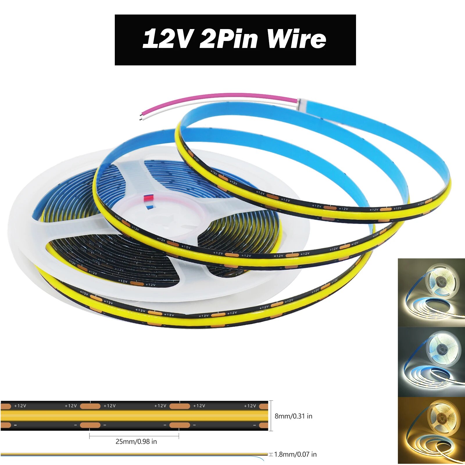 COB светодиодная лента 320 светодиодов/м 12В/24В тёплый белый 12V 2Pin Wire, Natural 4000K-4500K, 3M
