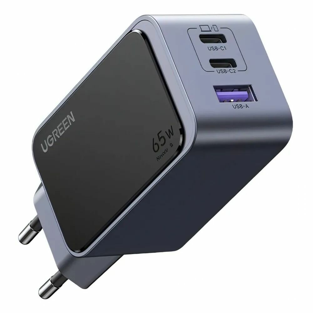 Премиумзарядник UGREEN Nexode S, функционирующий на 65 Вт, выполненный по инновационной технологии GaN, оснащённый парой разъёмов USBC и одним USBA, модель X553 35042, адаптированный под стандарты Евросоюза