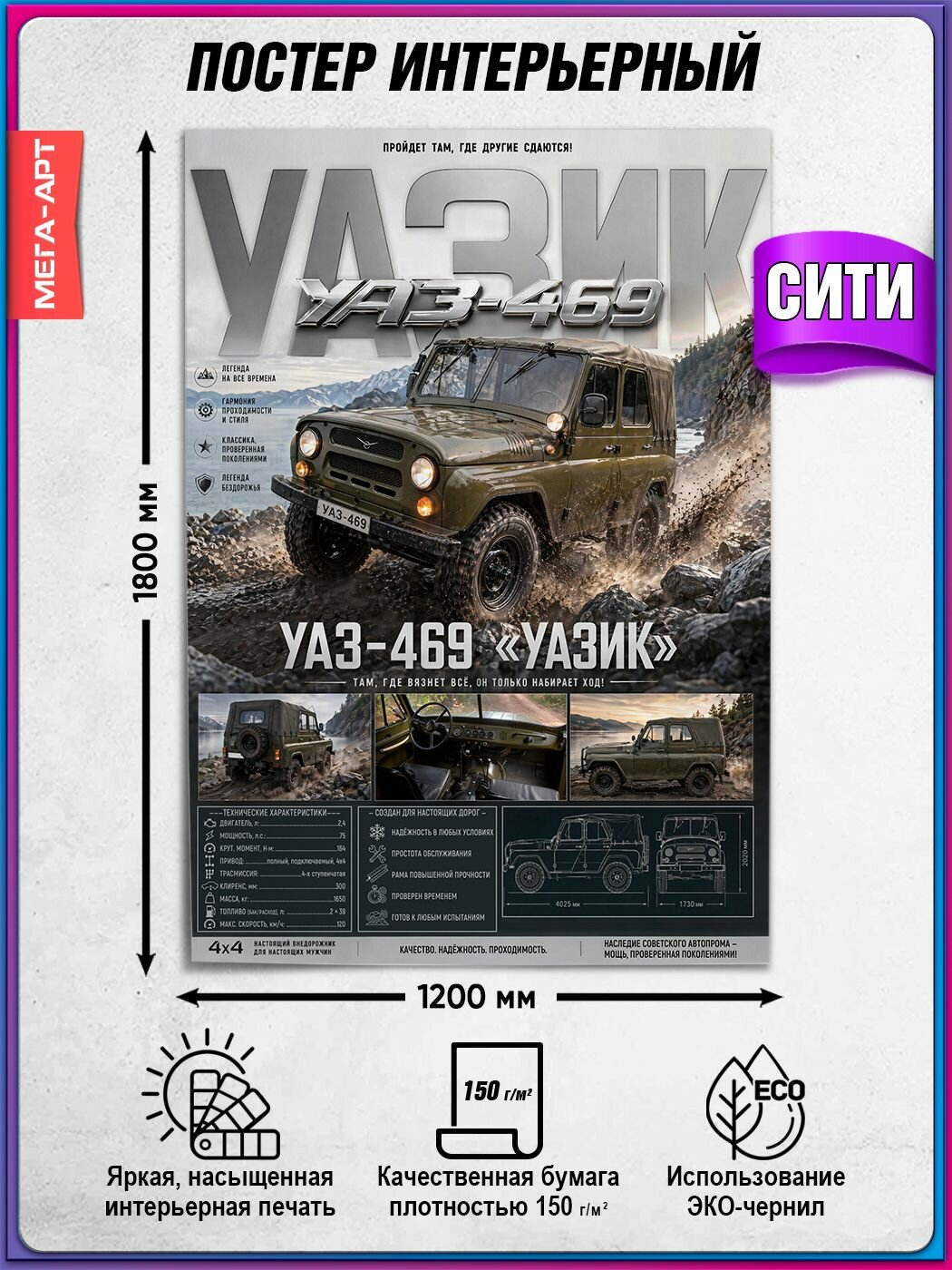Интерьерный постер "Советский автомобиль" УАЗ-469 / Уазик / сити (120х180 см.)