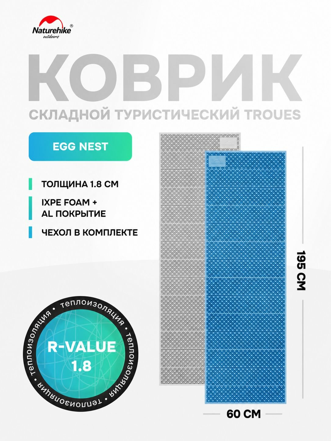 Коврик туристический складной Naturehike Troues-R1.8 Egg nest, 60х195, голубой