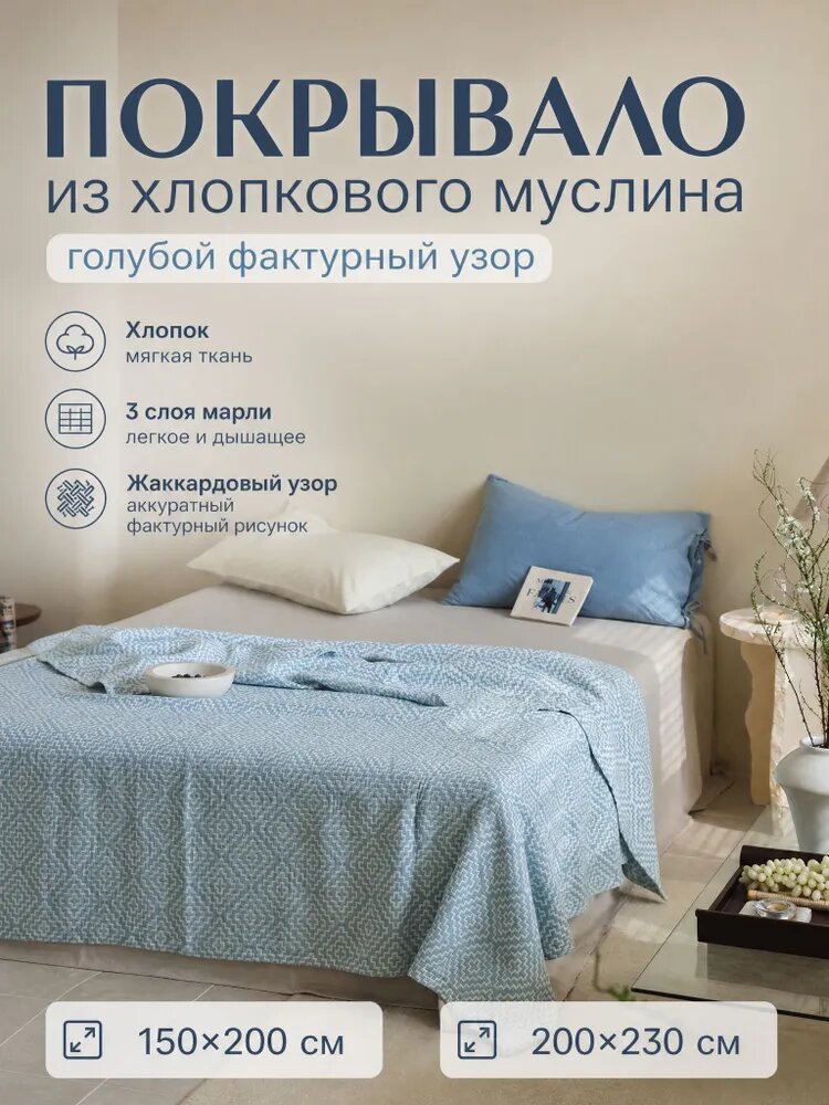 Покрывало 150x200 см хлопок двусторонний, фактурный геометрический голубой