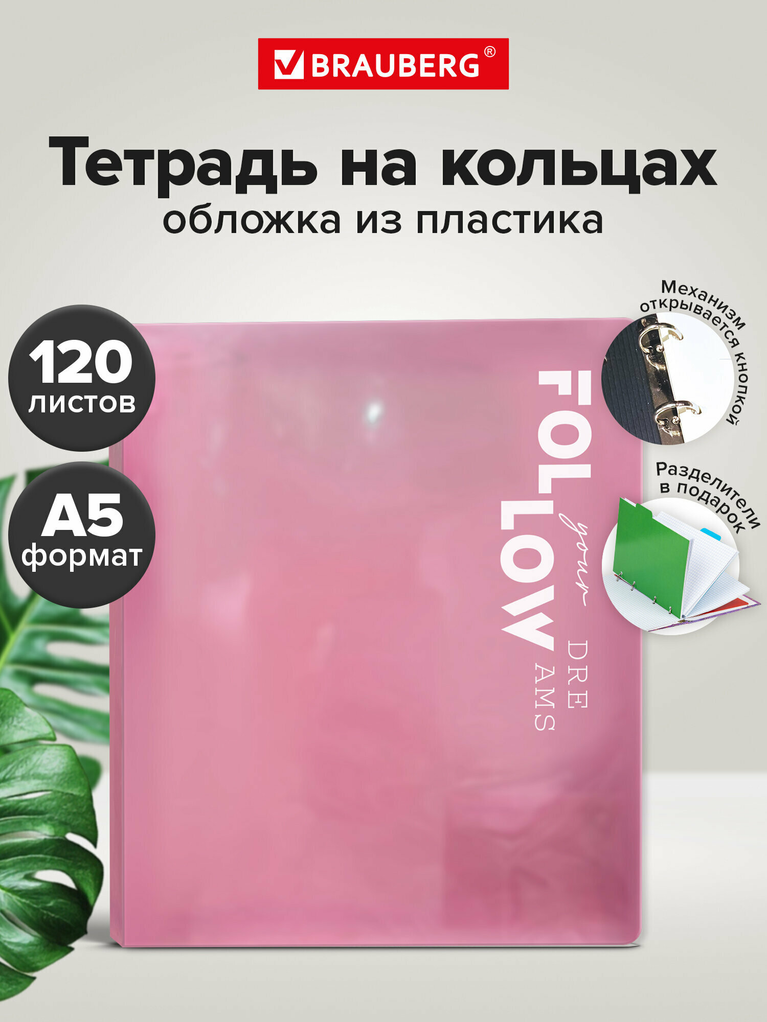 Тетрадь на кольцах А5 в клетку со сменным блоком 175х220 мм 120 листов, обложка пластик, разделители, Brauberg, 405263