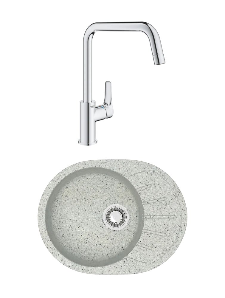 Комплект Мойка AZARIO Light 00079923 57x44, светло-серая, искусственный мрамор / Смеситель Grohe Eurosmart 30567000 глянцевый хром