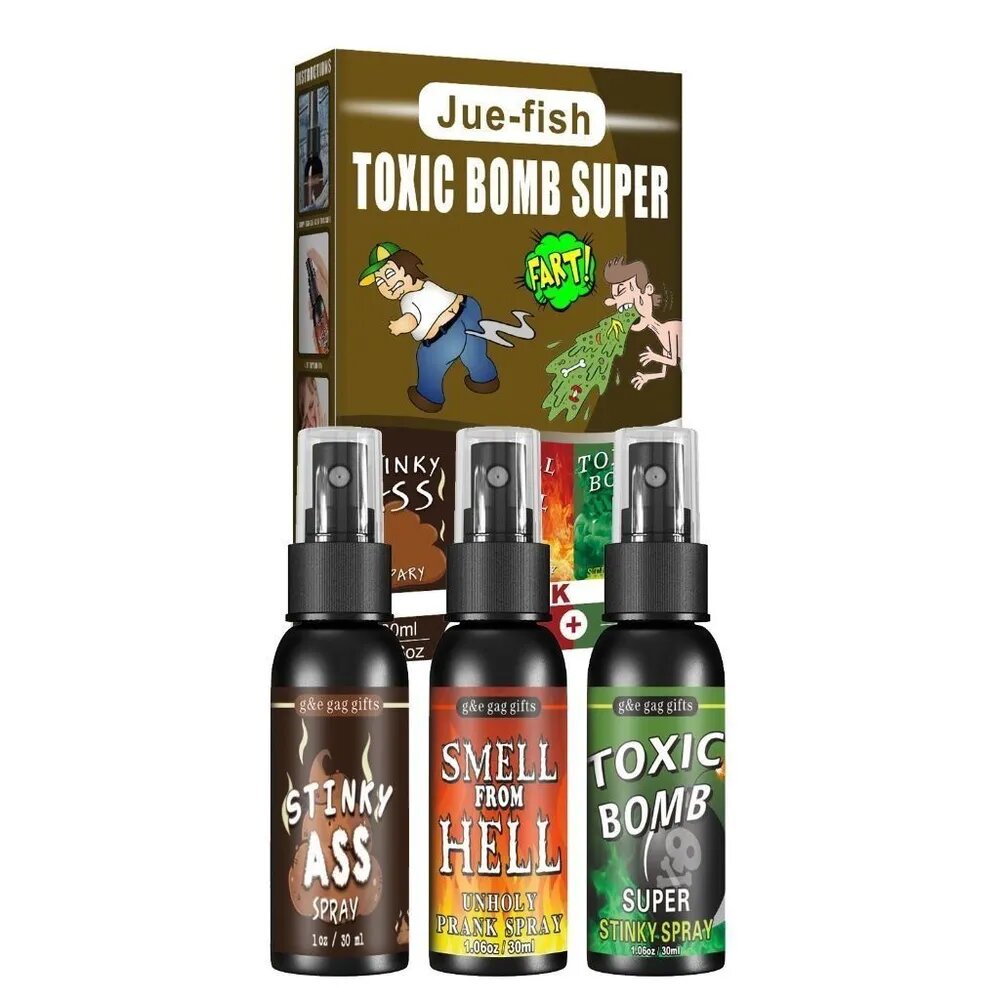 Jue-fish 3 бутылки спрея для розыгрыша "Пук" "Stinky Ass Spray", "Smell from Hell", "Toxic Bomb Super" - шт.