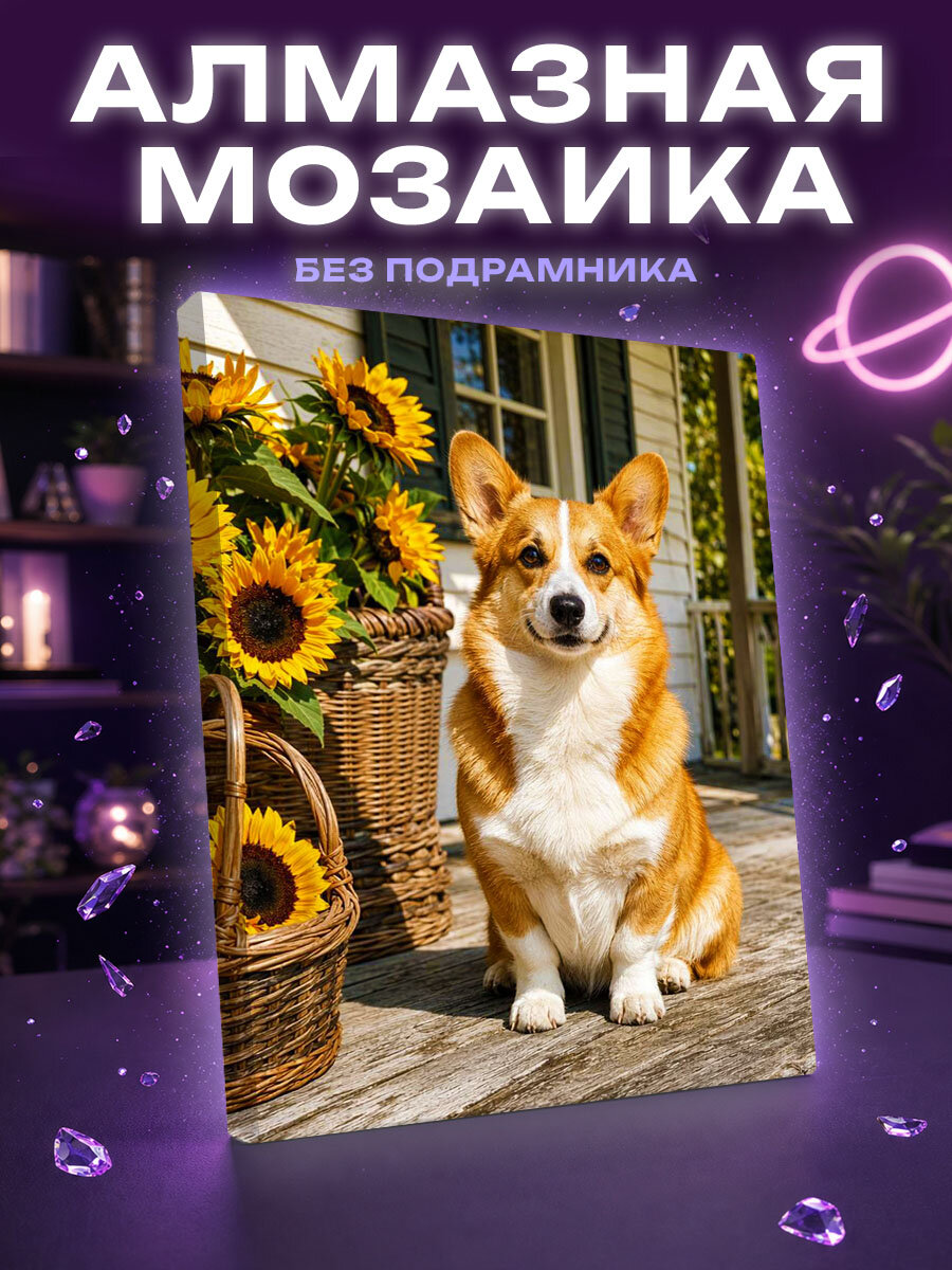 Алмазная мозаика Корги на солнечной веранде у подсолнухов