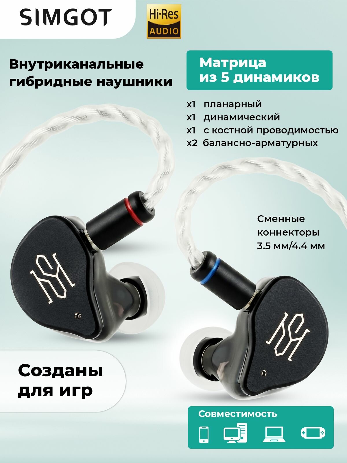 Внутриканальные динамические наушники SIMGOT SuperMix 5, внутриканальные наушники с 5-драйверной гибридной системой, сменные штекеры 3.5/4.4 мм