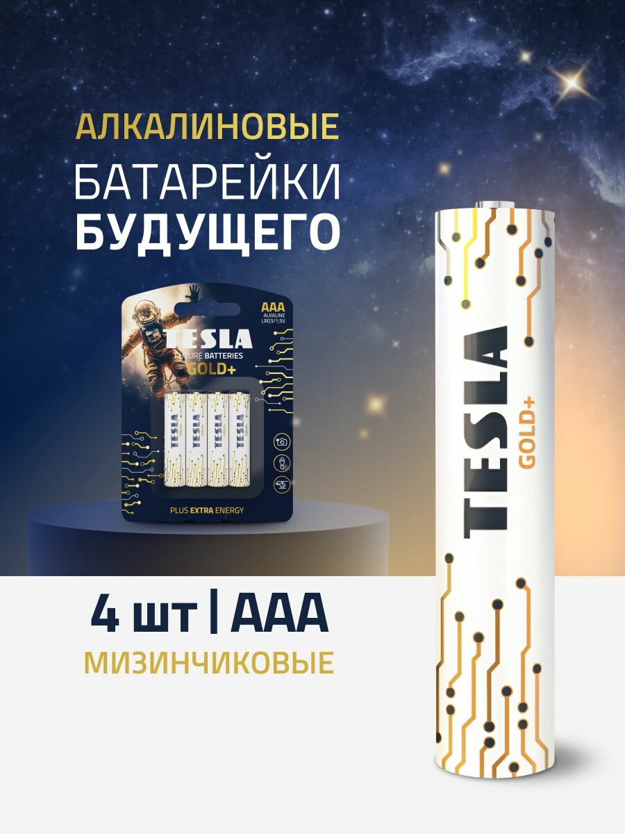 TESLA BATTERIES GOLD+ ААА 4 шт Батарейки щелочные, 1,5V алкалиновые батарейки ААА элементы питания 1.5V набор 4 штуки