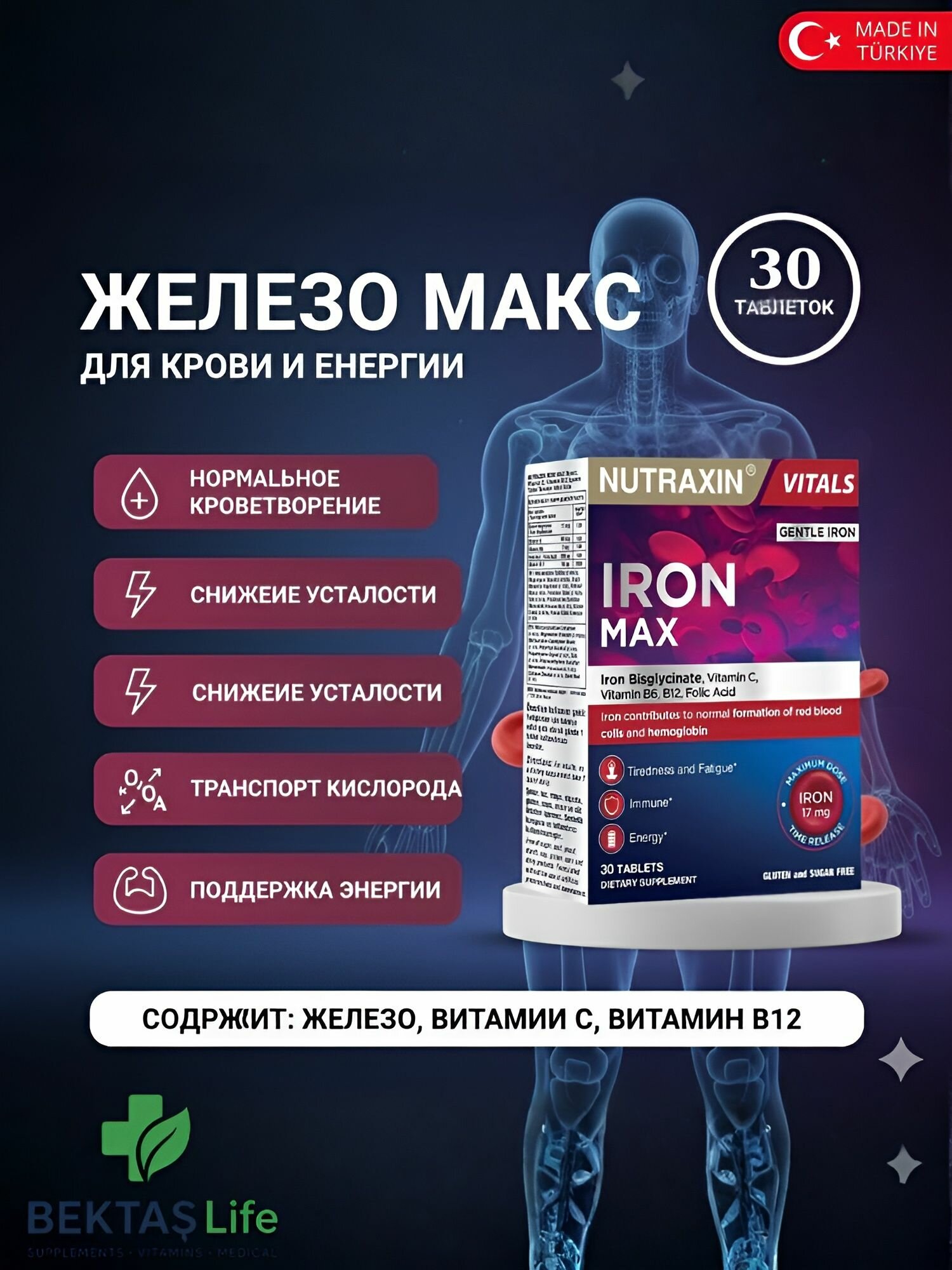Nutraxin Iron Max, 30 таблеток. 17 мг Железа (бисглицинат) с Витаминами C, B12, B6 и Фолиевой кислотой. От усталости. бисглицинат железа 30 таблеток 17 мг витамины C B12 B6 фолиевая кислота