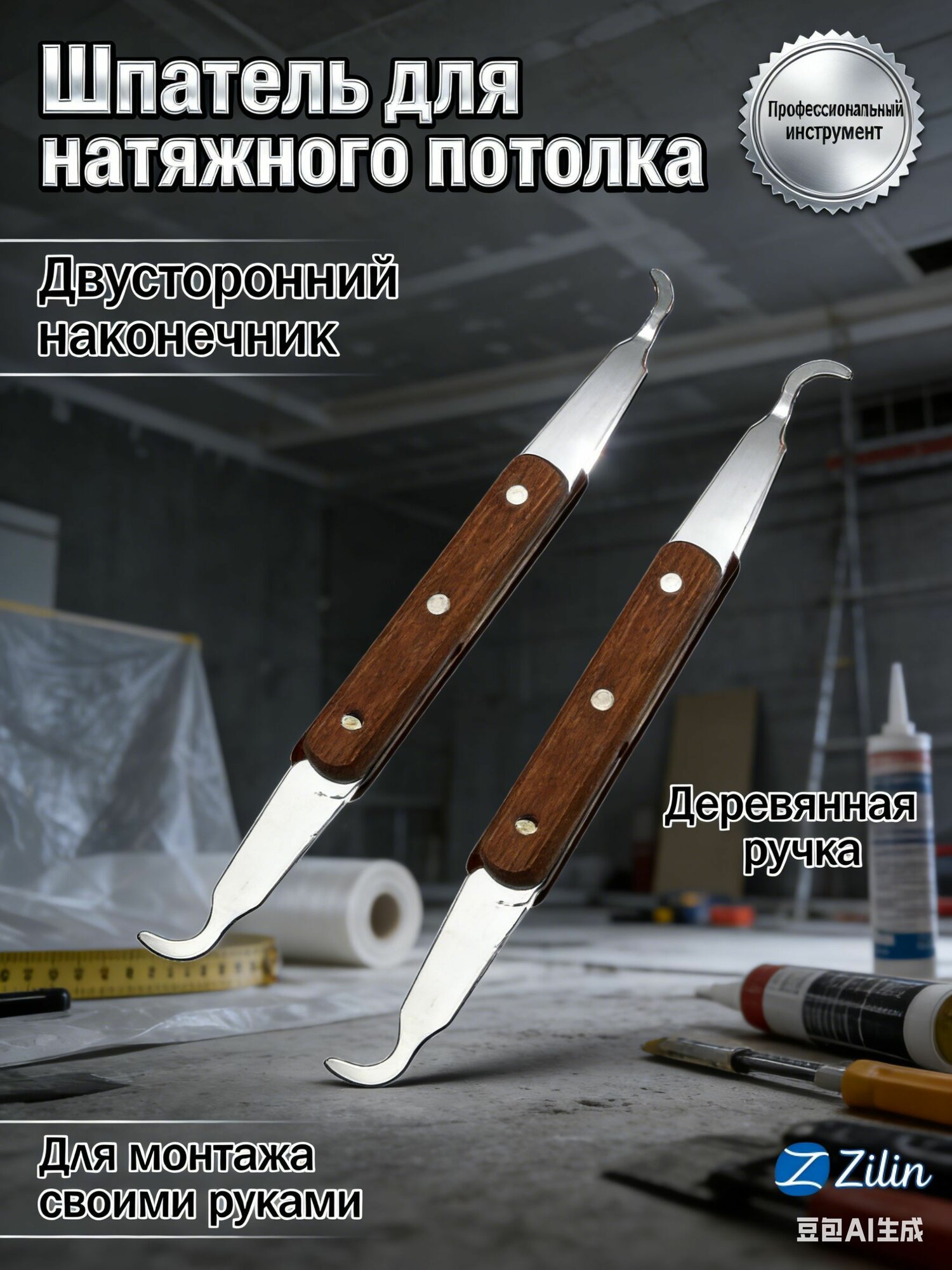 Профессиональный шпатель для монтажа натяжных потолков, стальная лопатка 270мм с усиленной деревянной ручкой, инструмент для ремонта и отделки