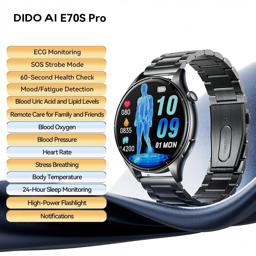 Умные часы Dido AI E70S для пожилых Black Steel