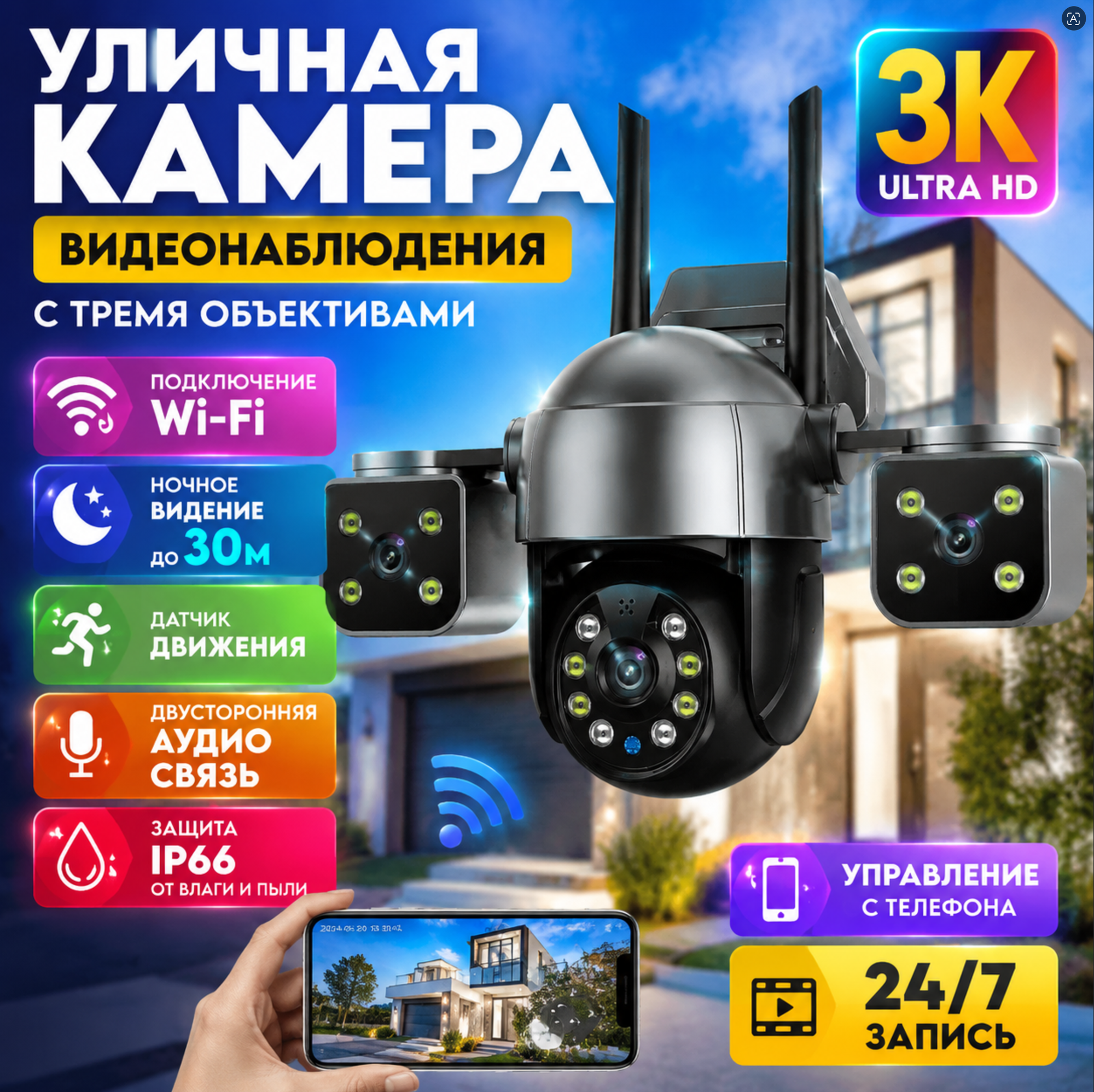 Камера видеонаблюдения wifi уличная с тремя объективами 15 МП