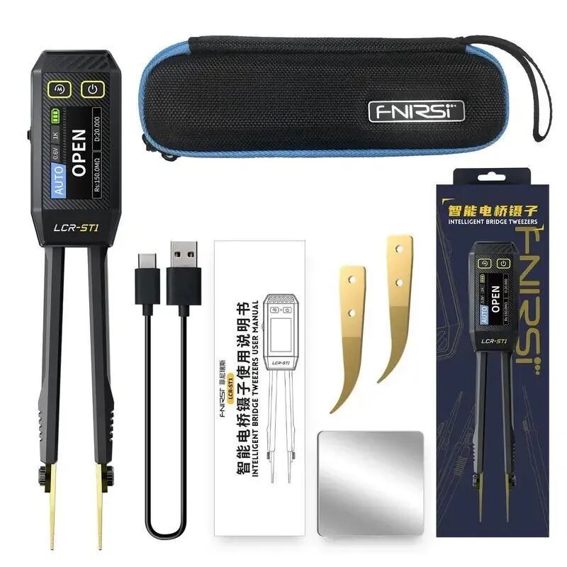 Мини-интеллектуальный пинцет FNIRSI LCR-ST1, тестер LCR SMD ESR, инструмент для проверки и измерения целостности диодов, сопротивления, емкости и индуктивности-черный