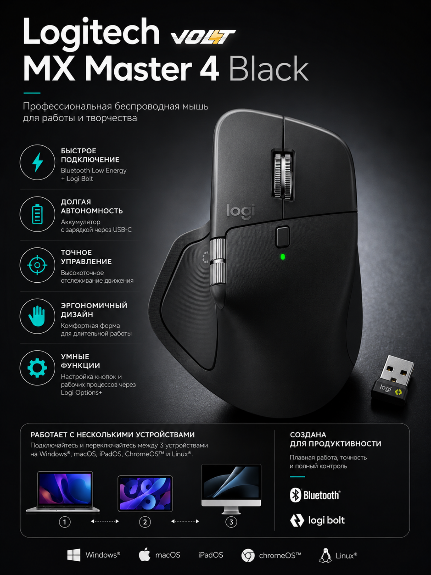 Мышь беспроводная для геймеров Logitech MX Master 4 Black (сенсор с разрешением 8000 DPI)