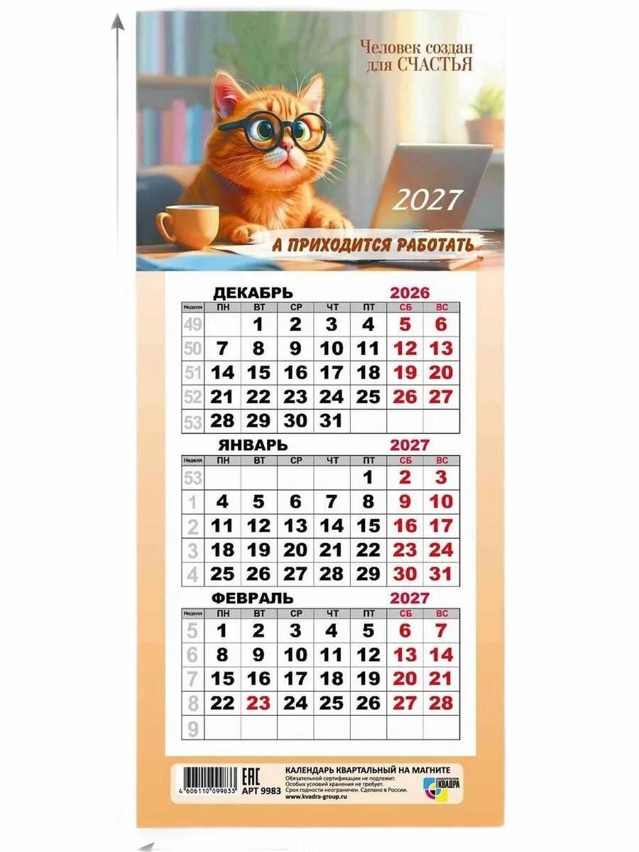 Календарь на магните мини-трио 2027 , 108 х 245 мм. Рыжий кот. Квадра