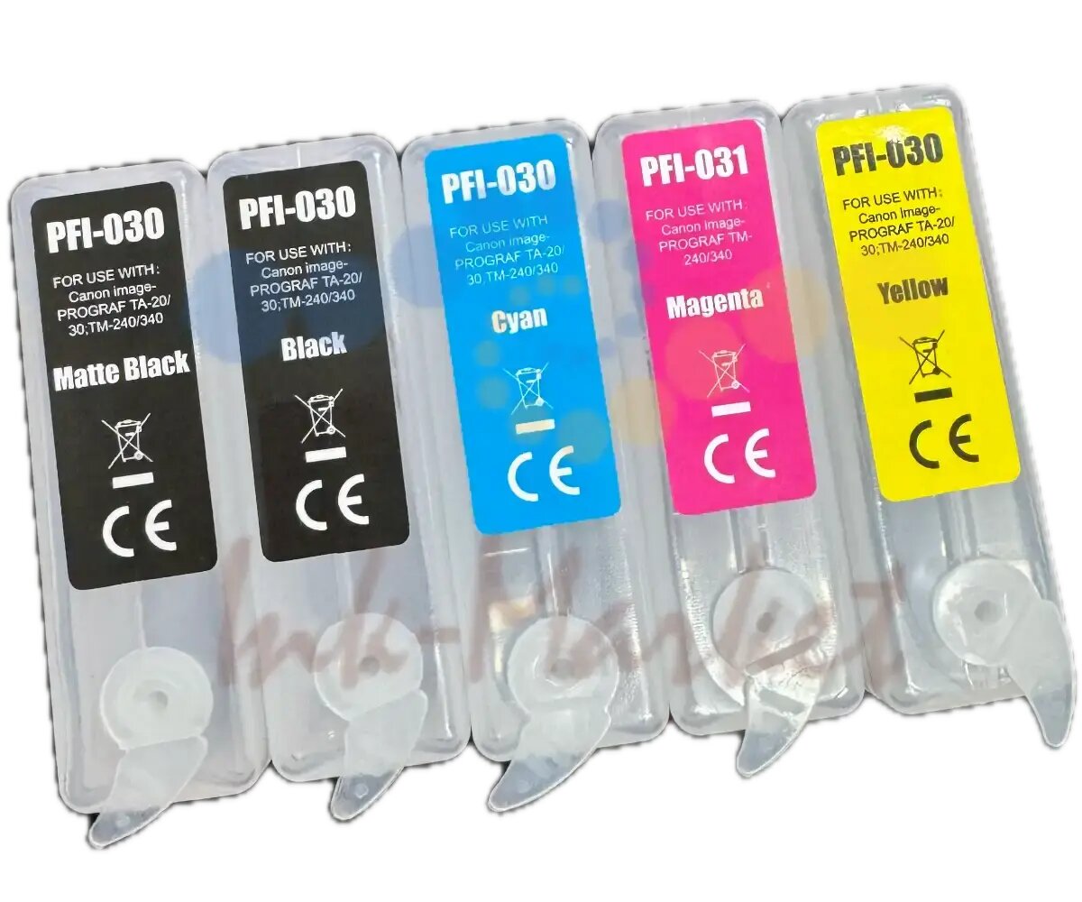 ПЗК для Canon TM-240, TM-340 (PFI-030/PFI-031), комплект 5 штук. Без чипов. Объём 55 мл