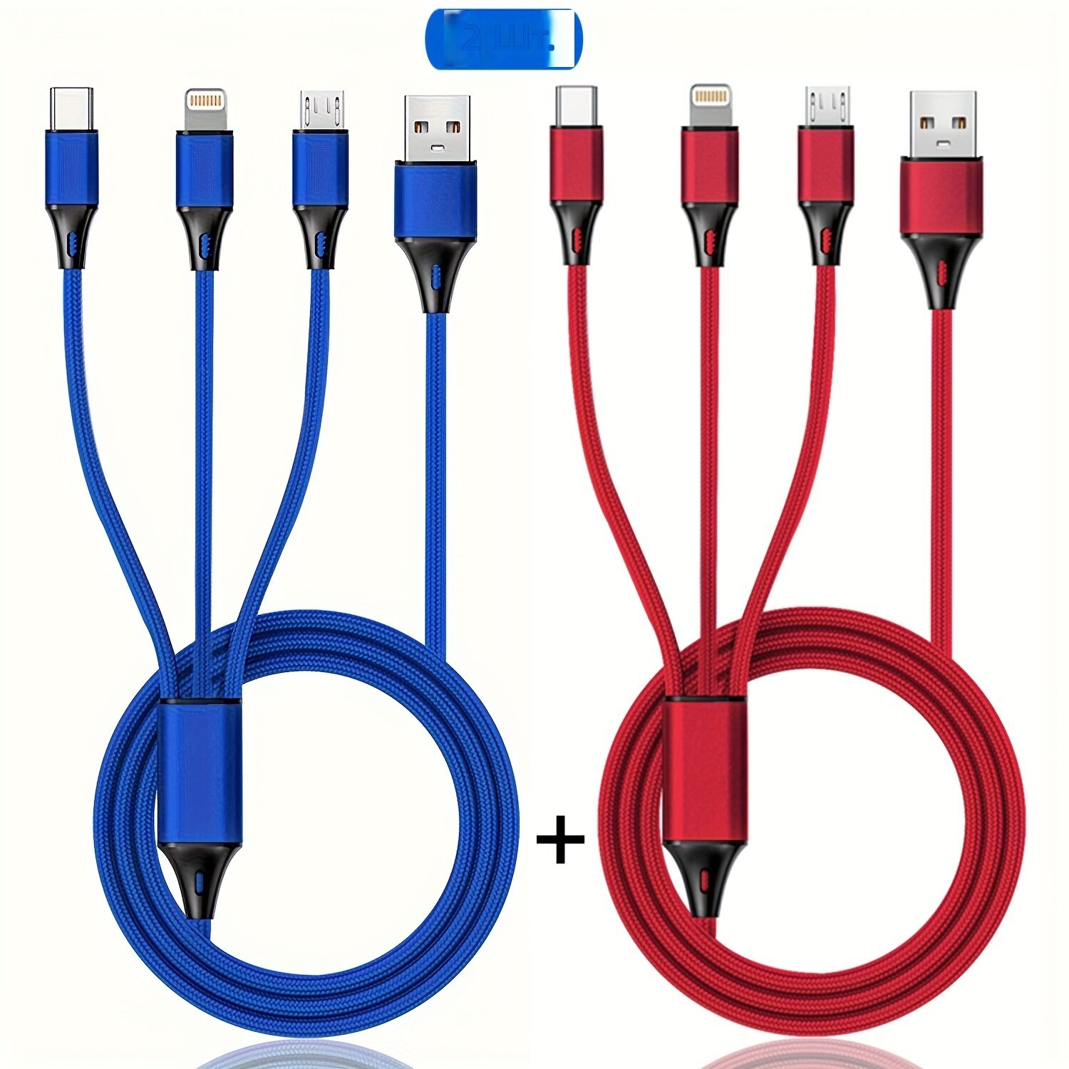2 шт. 3-в-1 быстрый зарядный кабель Lightning/Type-C/Micro USB, нейлоновая оплетка, не запутывается, для iPhone 14/13/12/11 Pro Max/XS/XR/8/7/6, Samsung, Xiaomi, Oppo, Vivo, Redmi и других Android, синий+красный, 1.2 м