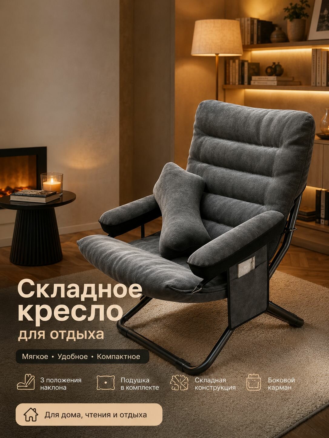 Комфортное раскладное кресло с поддержкой тела, мягкое кресло с подушкой и усиленным каркасом для дома и отдыха