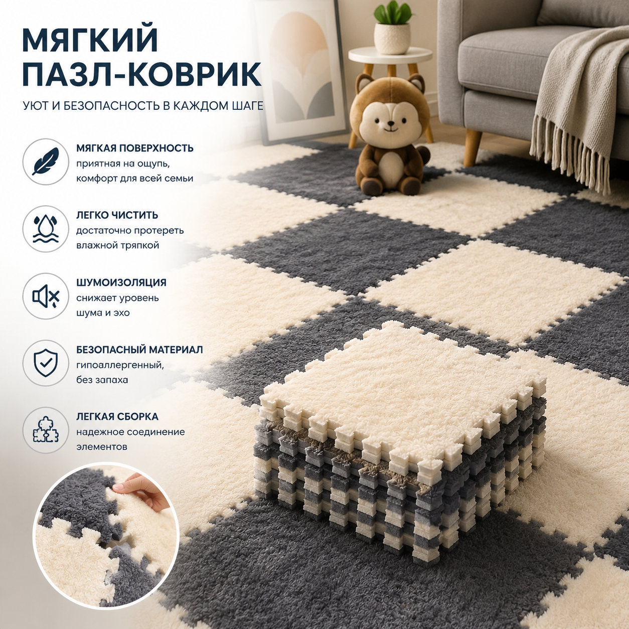 Коврик-пазл Плюшевая, зимний, текстиль, 10 элементов, 30x30 см（INS、Популярный продукт、very nice）