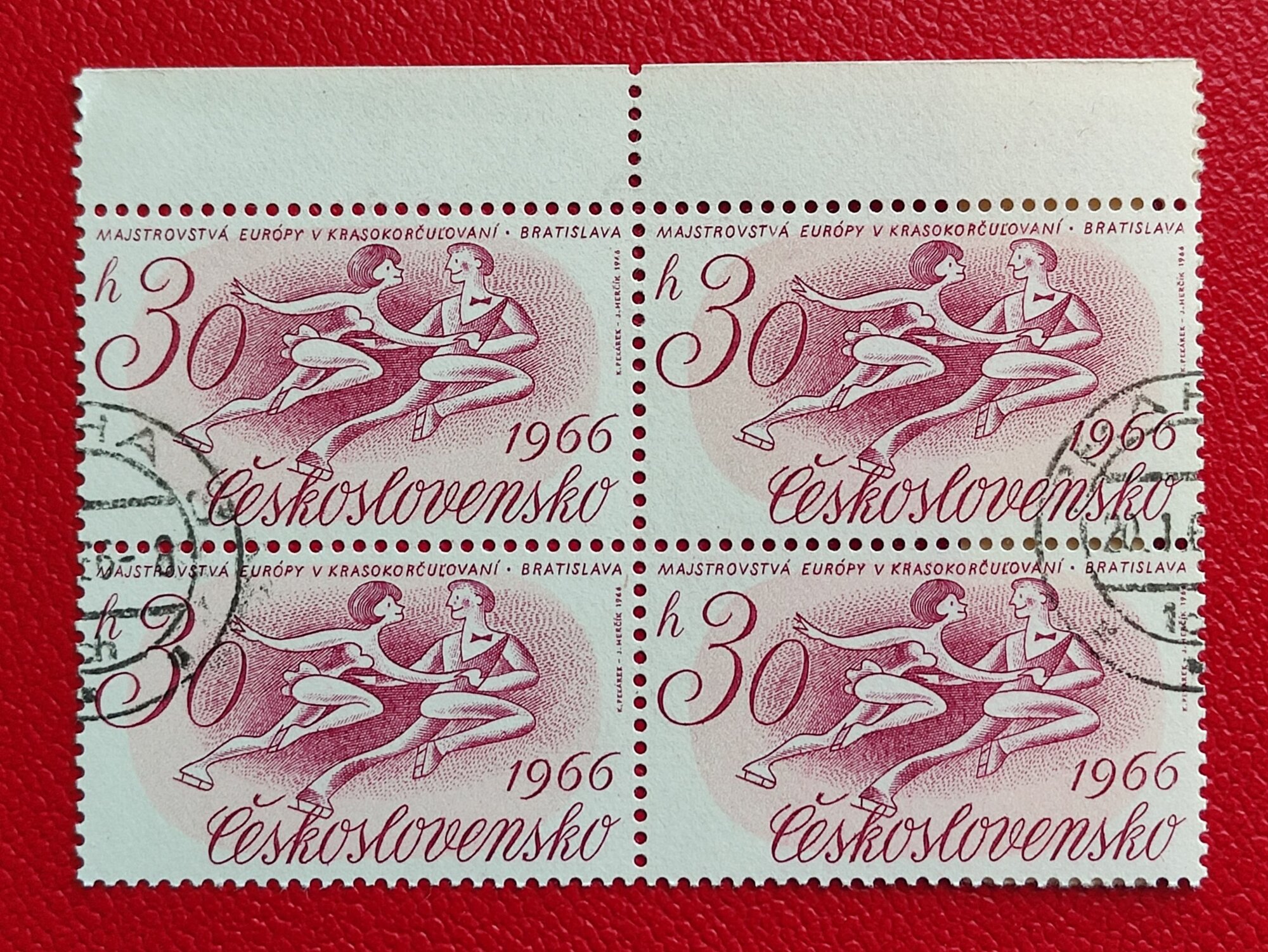 Марки Чехословакия 1966. Квартблок: Чемпионат Европы по фигурному катанию, Братислава. Редкость. Гашение - См фото