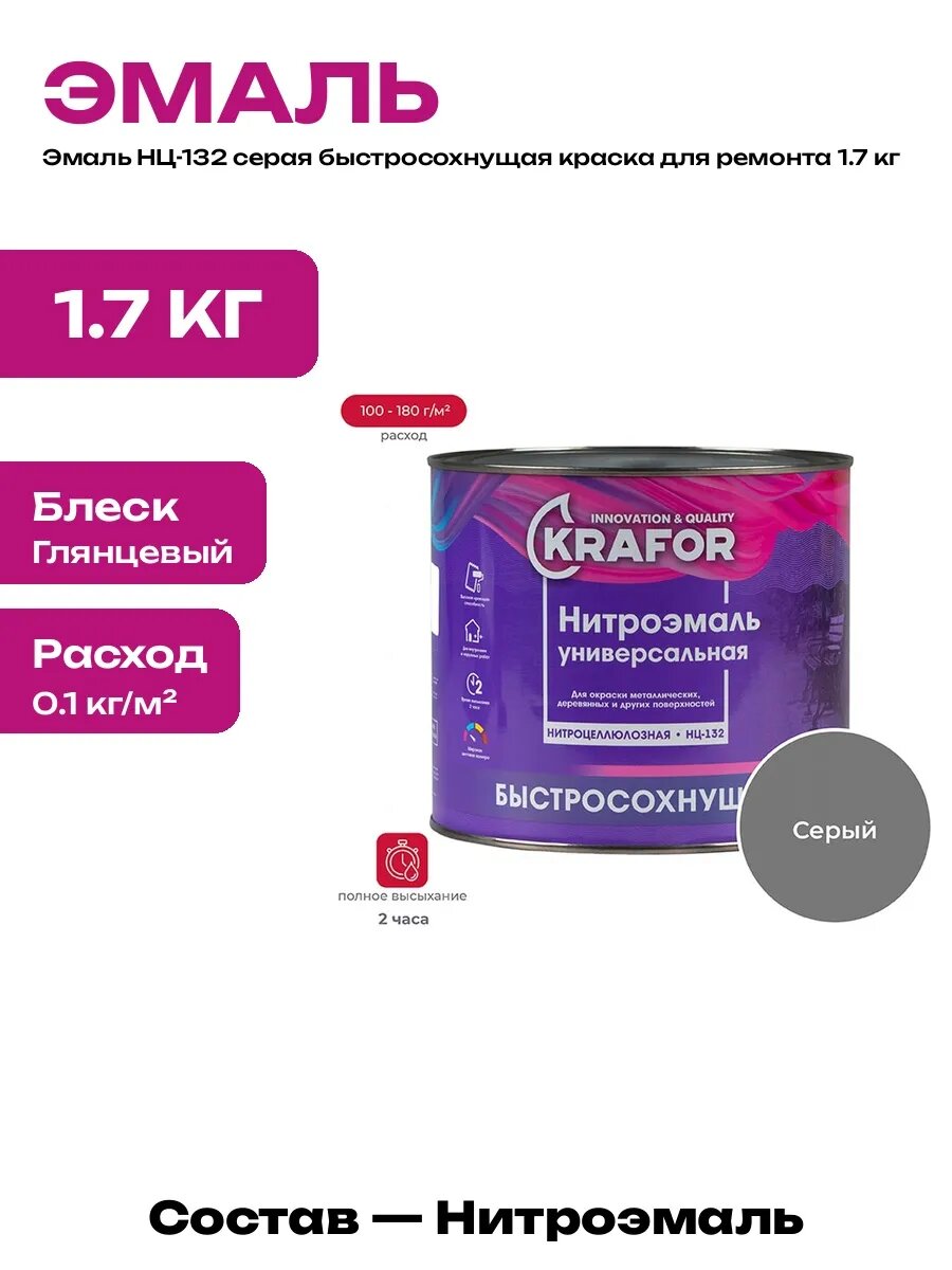 Эмаль НЦ-132 серая влагостойкая для дерева и металла 1.7 кг