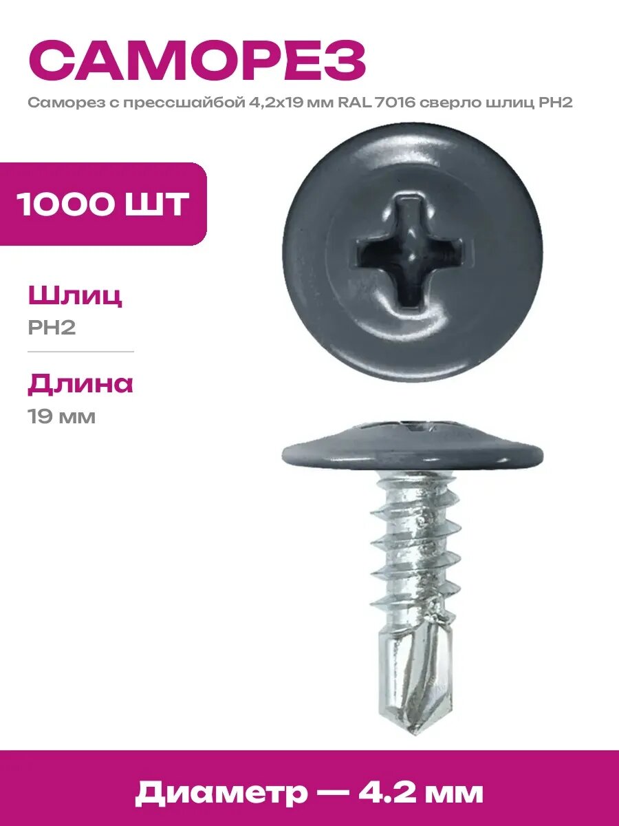 Саморезы со сверлом 4,2х19 мм RAL 7016 упаковка 1000 шт