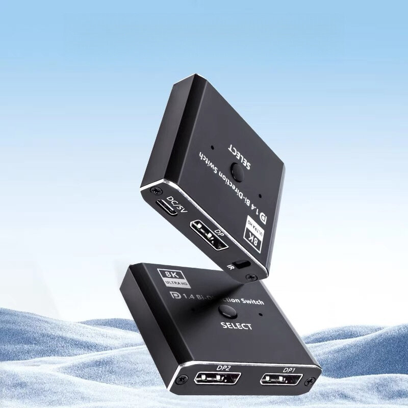 8K/4K двунаправленный DisplayPort переключатель 1×2 / 2×1 с питанием, поддержка 8K@30 Гц, 4K@120 Гц, компактный, с адаптером питания, черный