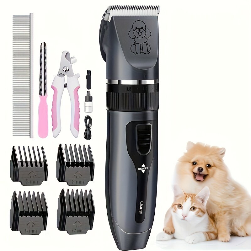 Набор для груминга домашних животных: беспроводной электрический триммер и ножницы, низкий уровень шума, с керамическим лезвием, аккумуляторный, USB-зарядка и щетка для чистки в комплекте, цвет серый, с набором для красивой шерсти