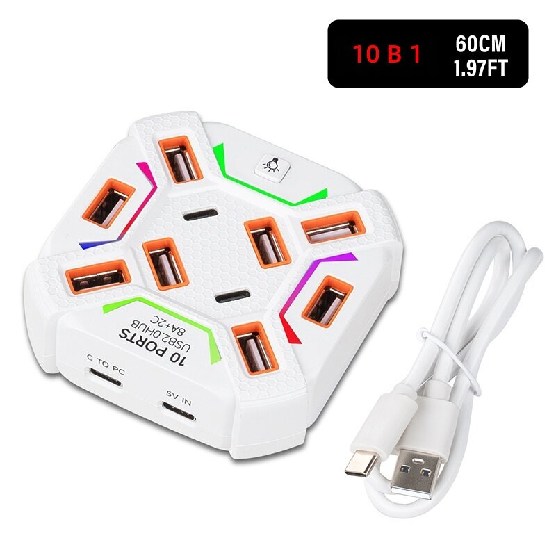 USB-хаб на 10 портов с RGB подсветкой и отдельными переключателями, белый, длина кабеля 23.62 дюйма