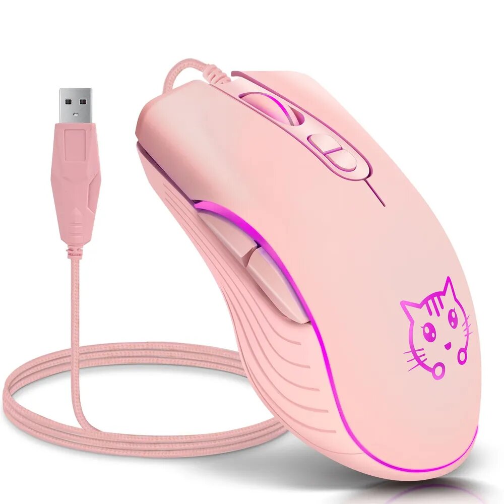 SENDEYUAN Мышь проводная Проводная игровая мышь USB, отключение звука, красочный световой эффект, 4-ступенчатая регулировка DPI, розовый