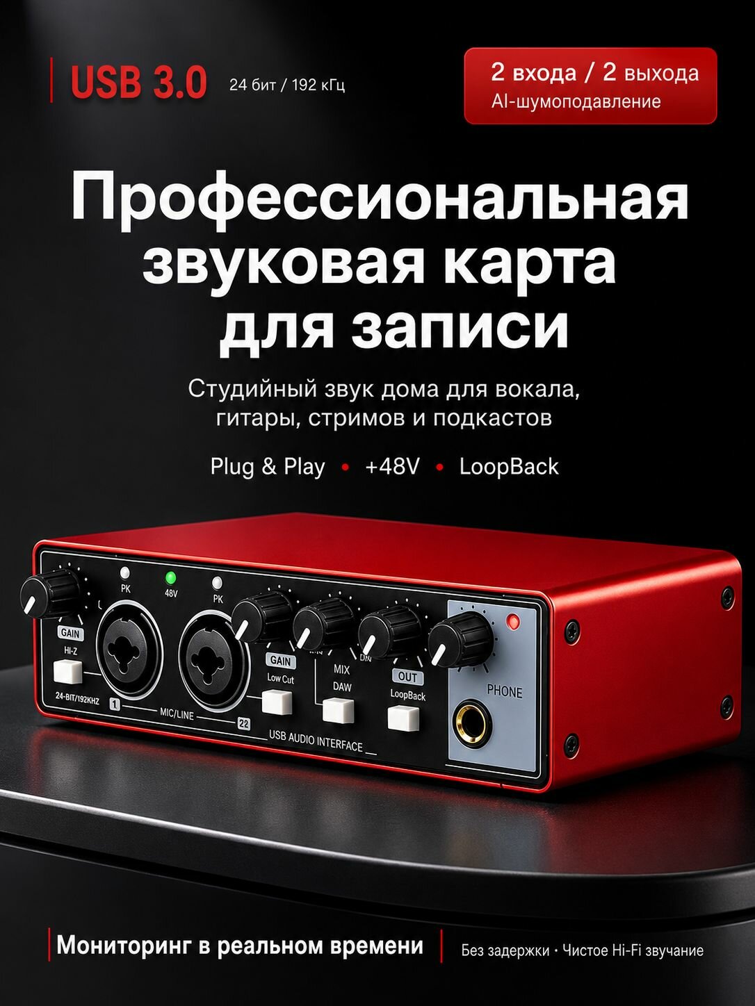 Внешняя звуковая карта USB 24 бит/192 кГц с шумоподавлением, аудиоинтерфейс для записи вокала
