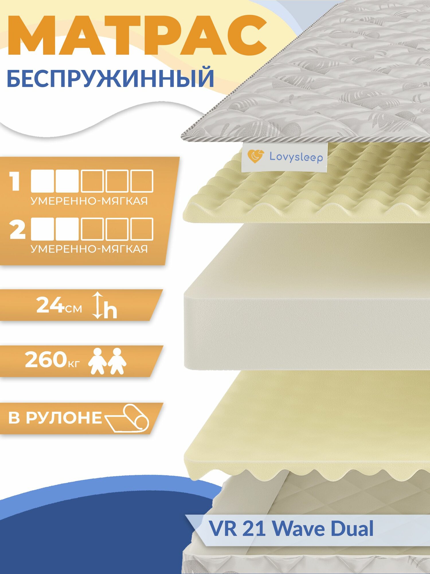 Матрас VR 21 Wave Dual 145х200 см, беспружинный, 24 см, двуспальный, двусторонний, умеренно-мягкий, в рулоне