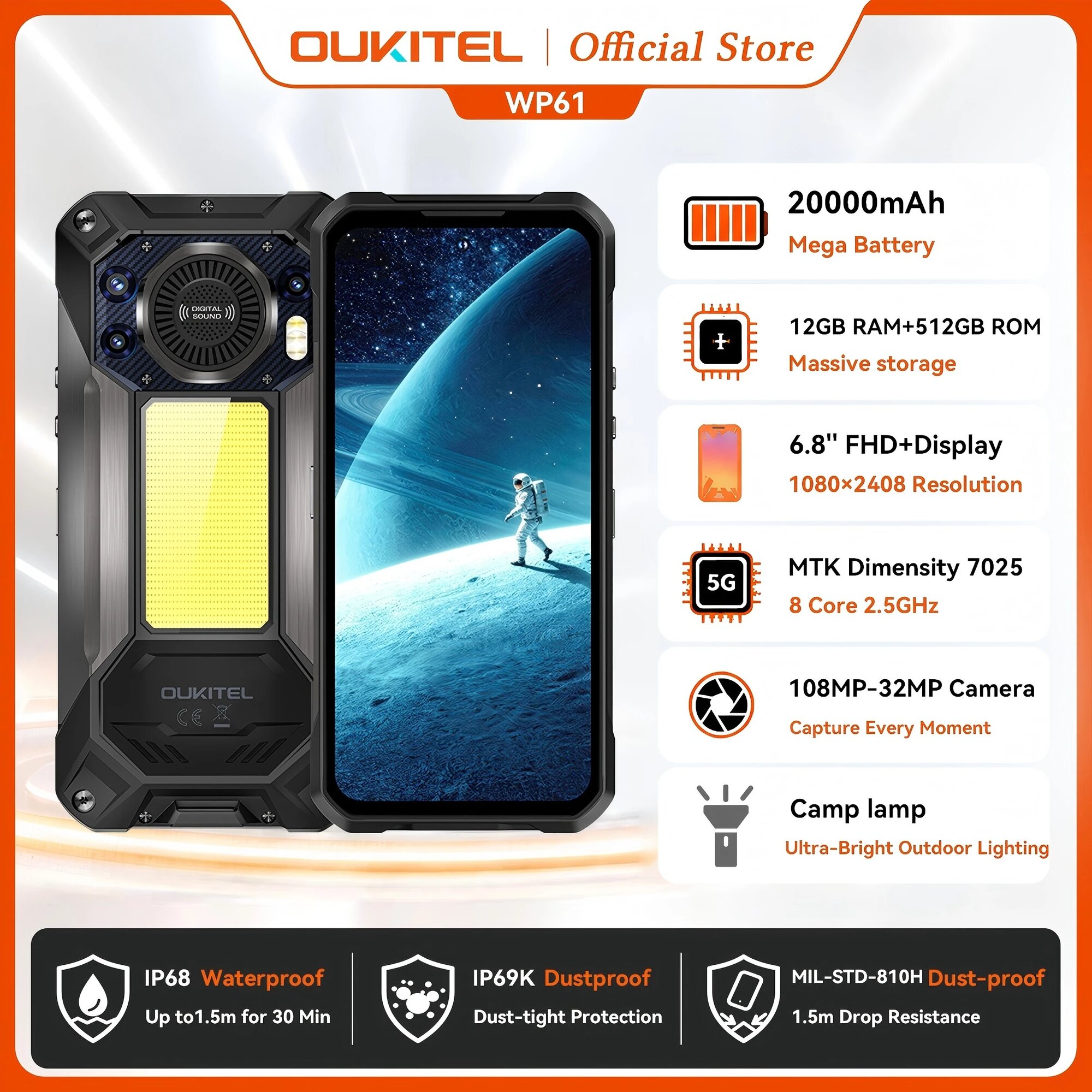 OUKITEL WP61 20000 мАч 5G Защищенный смартфон, 6.78' HD+ дисплей, 36 ГБ (12+24) ОЗУ + 512 ГБ ПЗУ, камера 108 МП, Android 16, NFC