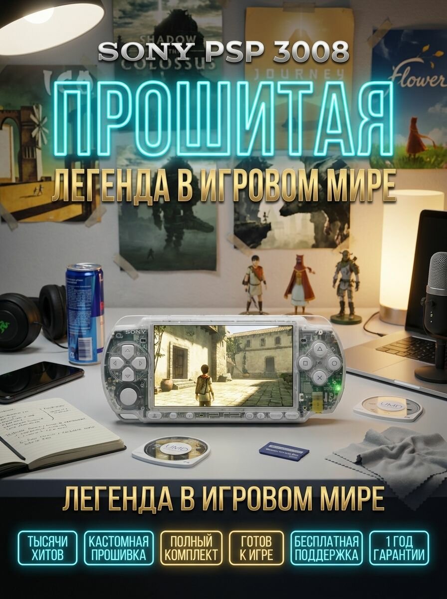 Новая игровая консоль Sony PSP 3008 Slim Transparent White 64Gb 3020 ИГР
