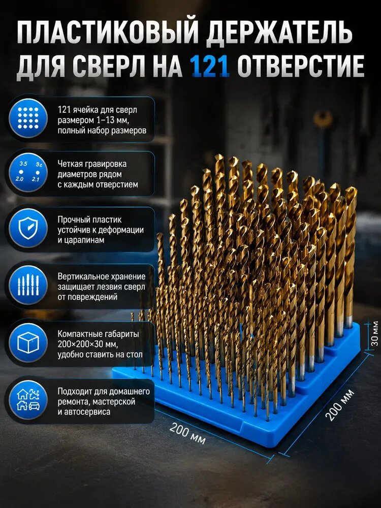 Держатель сверла (1-13 мм) для хранения, Органайзер подставка для сверл 121 отверстий