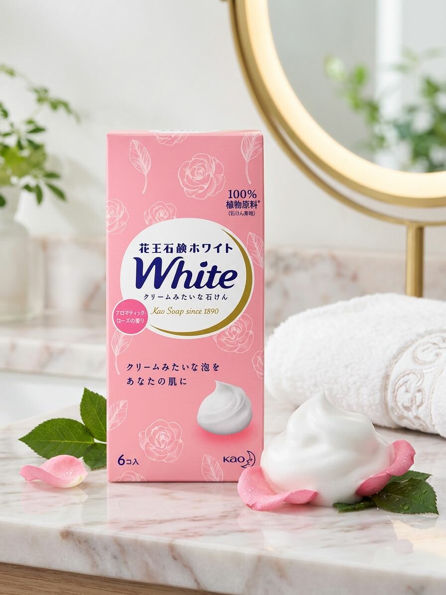 Косметическое кусковое крем-мыло KAO White Aromatic со скваланом с ароматом роз в подарочной коробке 6х85 г