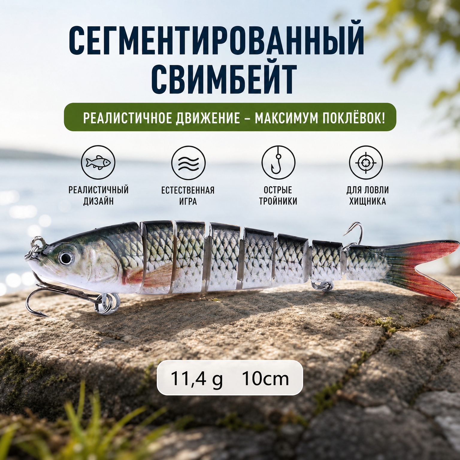 Сегментированный свимбейт для ловли хищника, 11,4гр / 10см / 8 сегментов / Искусственная рыболовная приманка / на окуня / на судака / на щуку (Цвет товара: серый; Длина: 100 мм)